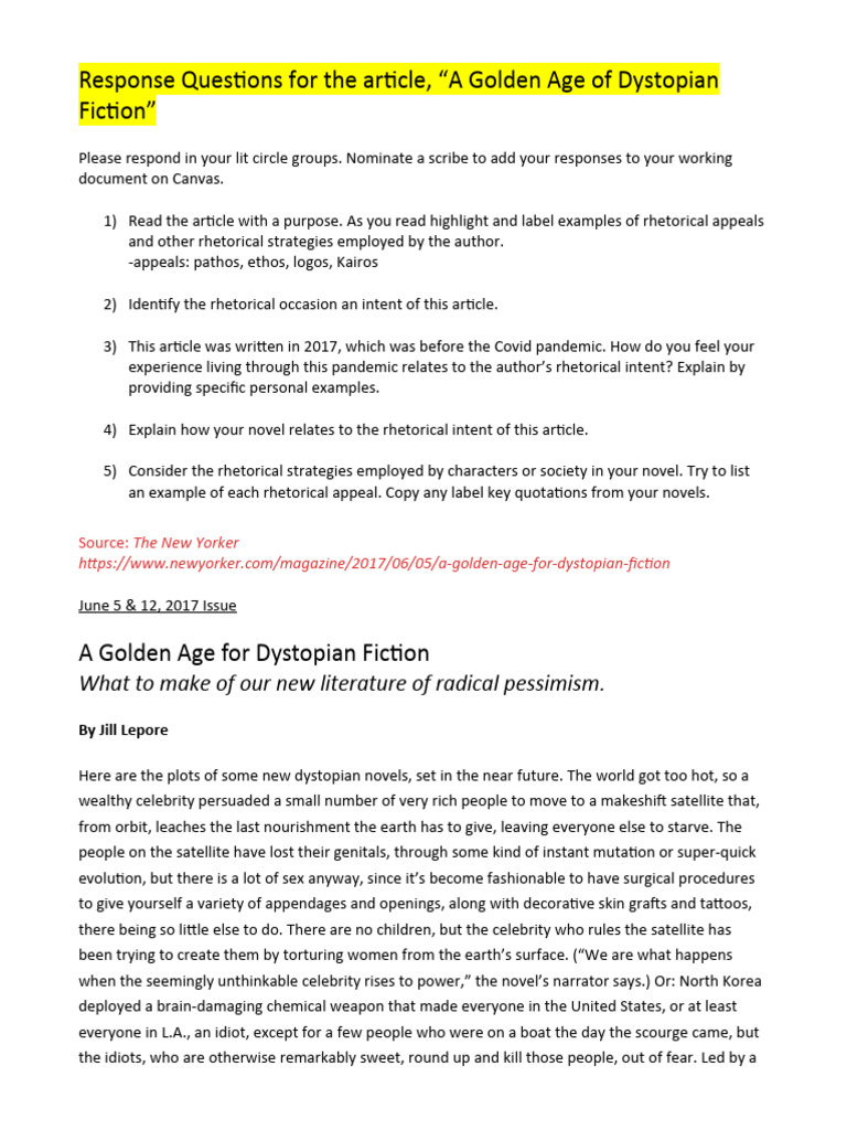 New Yorker - Dystopian Article & Lit Circle Q's | Download Free PDF ...