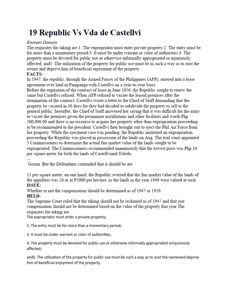 Republic vs. Castellvi Expropriation Case | PDF | Eminent Domain | Lease