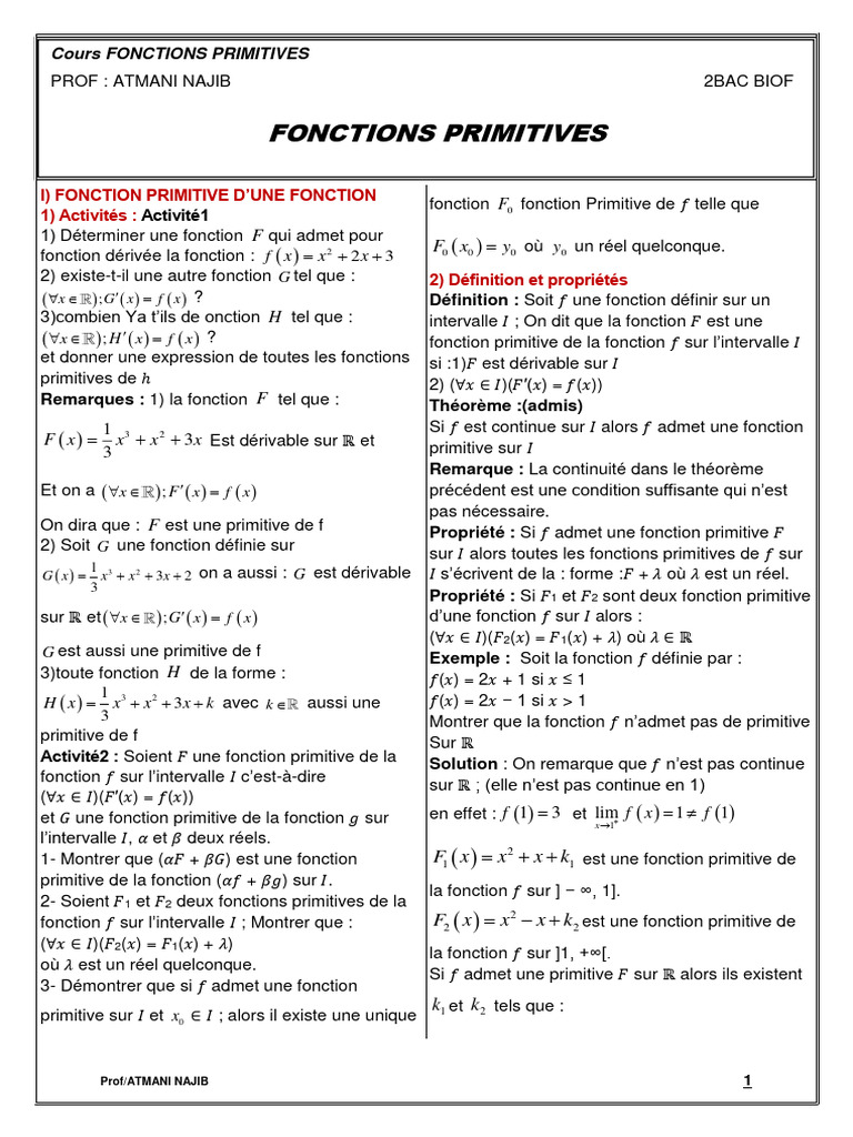 Cours sur les Fonctions Primitives 2BAC | PDF