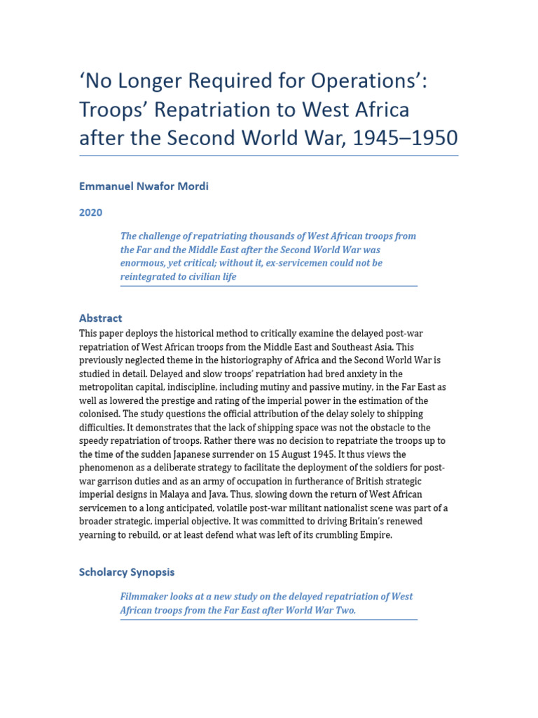 No Longer Required For Operations Troops Repatriation To West Africa ...
