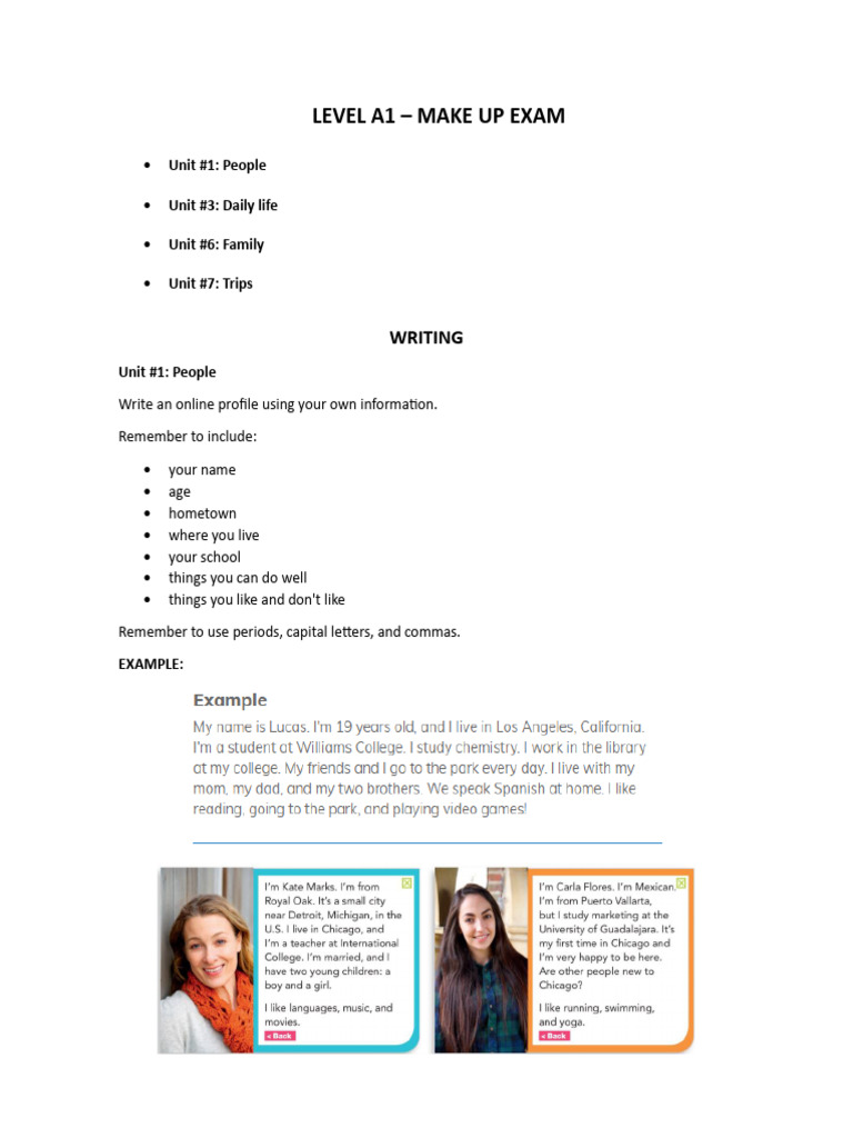 A1 Level Exam: Writing & Speaking Tasks | PDF