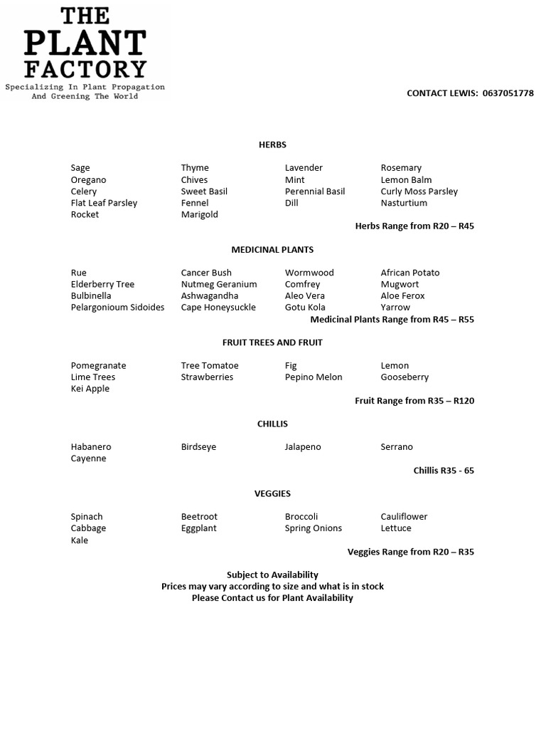 Plant List and Pricing Overview | PDF