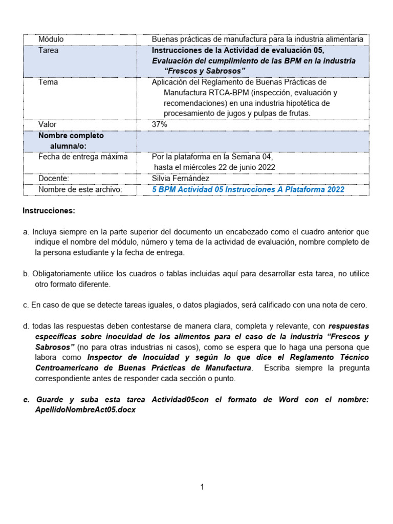5 BPM Actividad 05 Instrucciones A Plataforma 2022 | PDF | Evaluación