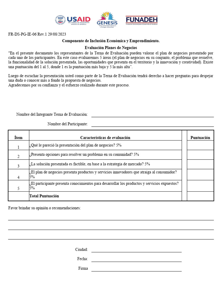 Formato Terna Evaluación Planes de Negocios Excel FR-DS-PG-IE-06 Rev 1 ...