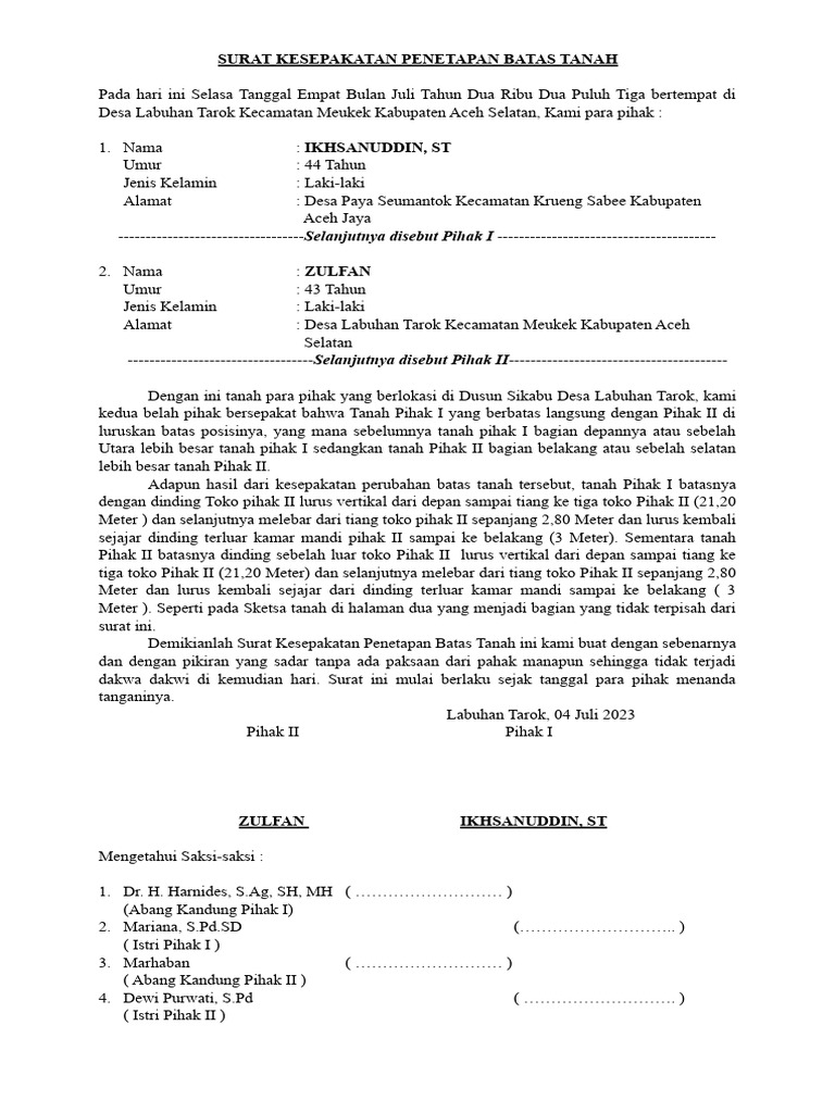 Surat Kesepakatan Penetapan Batas Tanah | PDF