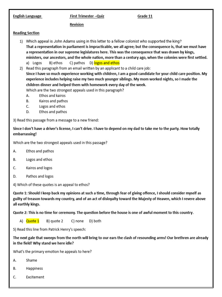 gr11 English First Quiz First Trimester | PDF | Rhetoric | Reason