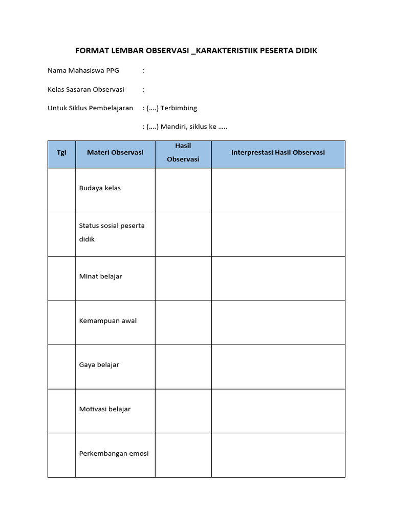 Format Lembar Observasi Peserta Didik | PDF