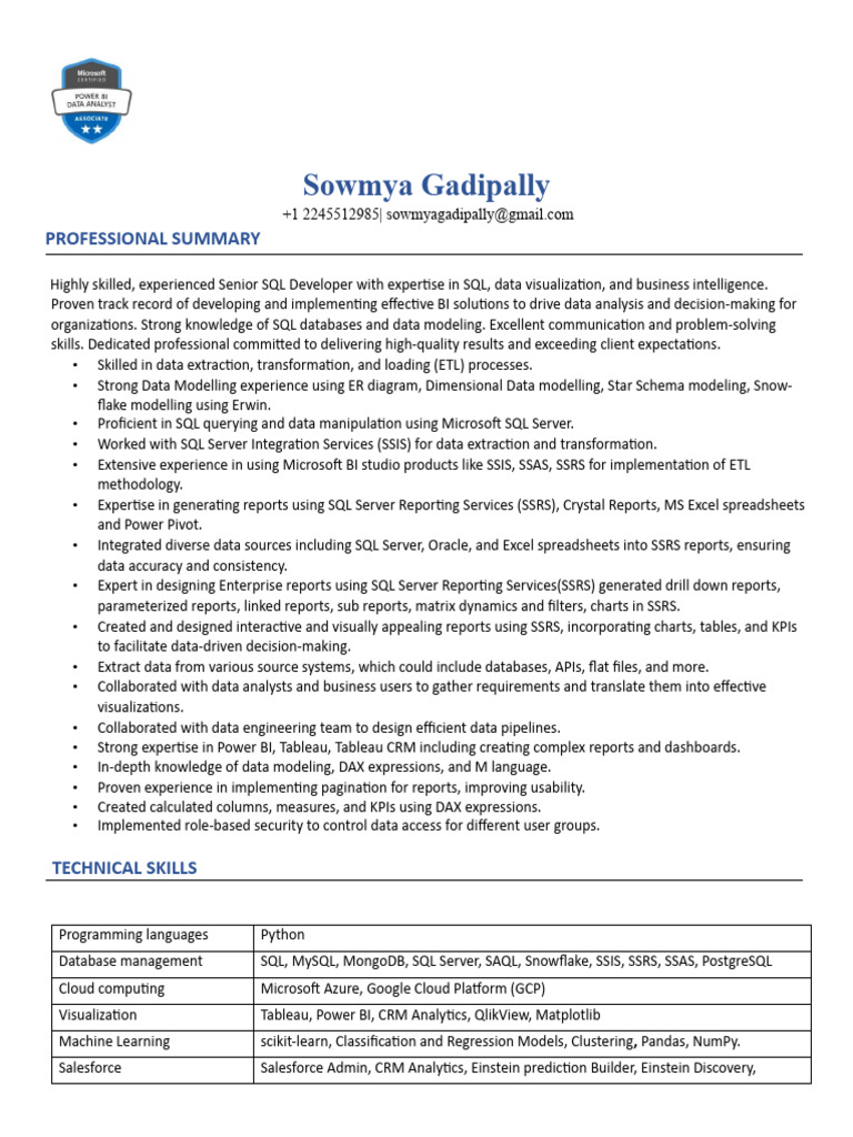 Sowmya Gadipally Resume SSIS-SSRS Developer | PDF | Microsoft Sql ...
