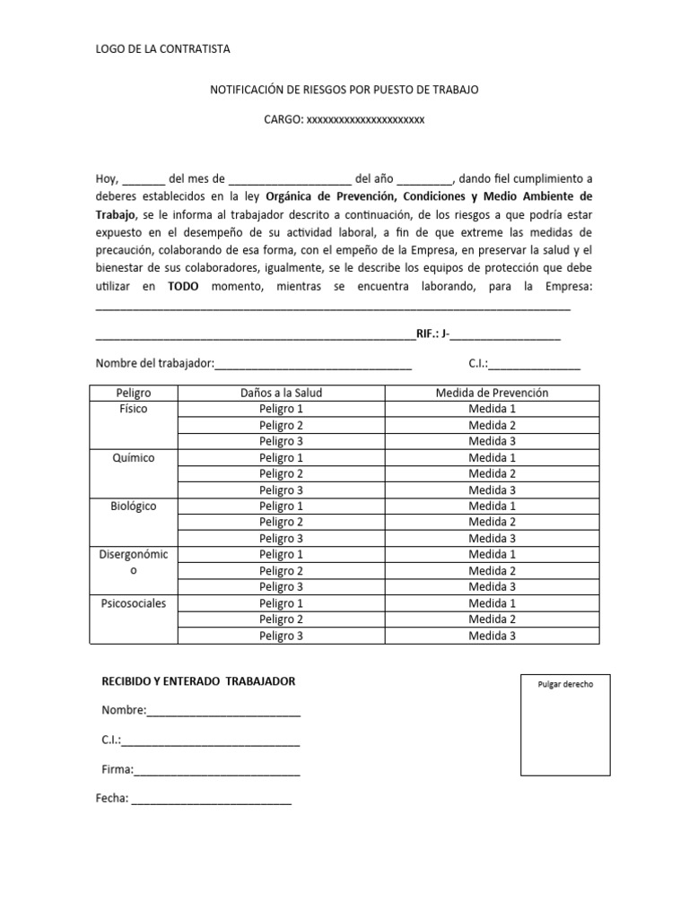 Notificación de Riesgos Por Puesto de Trabajo | PDF Notificación de Riesgos Por Puesto de Trabajo | PDF