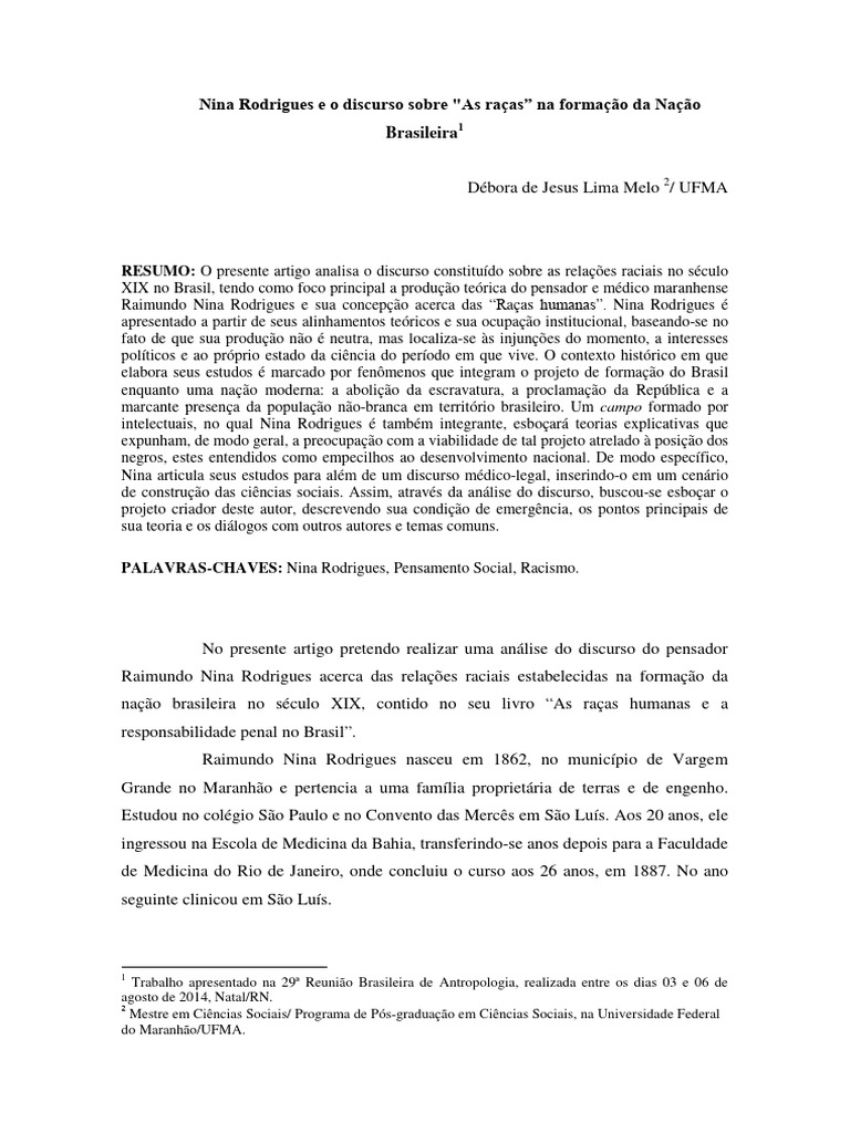 Nina Rodrigues e o Discurso Sobre As Raças Na Formação Da Nação ...