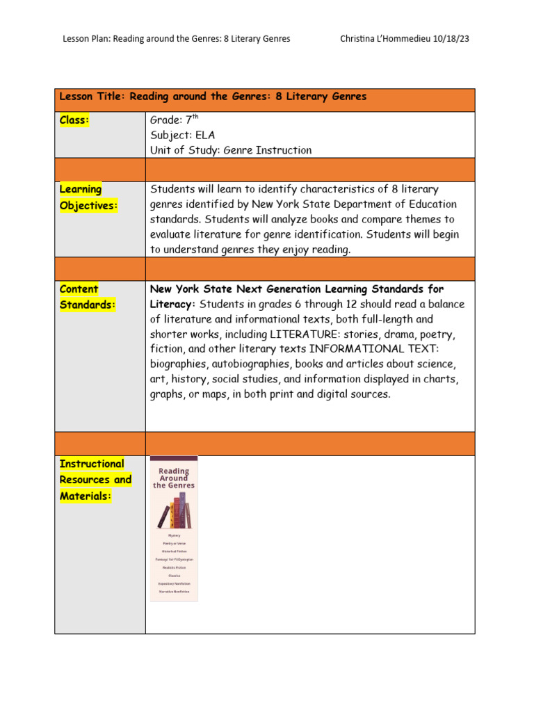 Lesson Plan Reading Around The Genres 8 Literary Genres | PDF