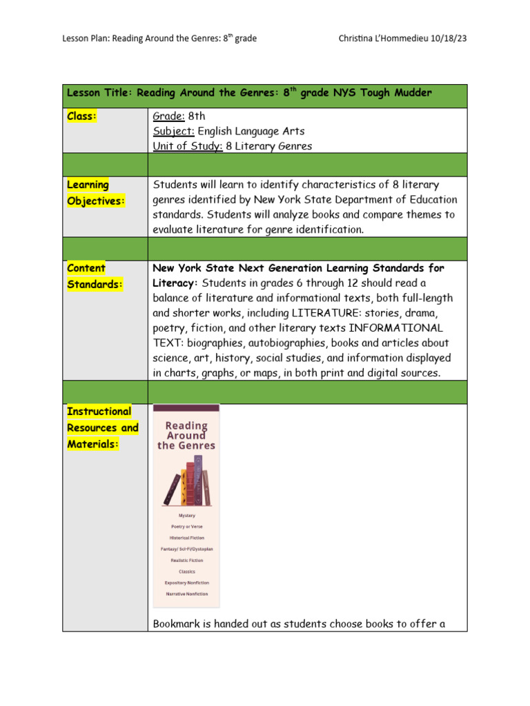 8th Grade Genre Studies Lesson Plan | PDF | Books | Non Fiction