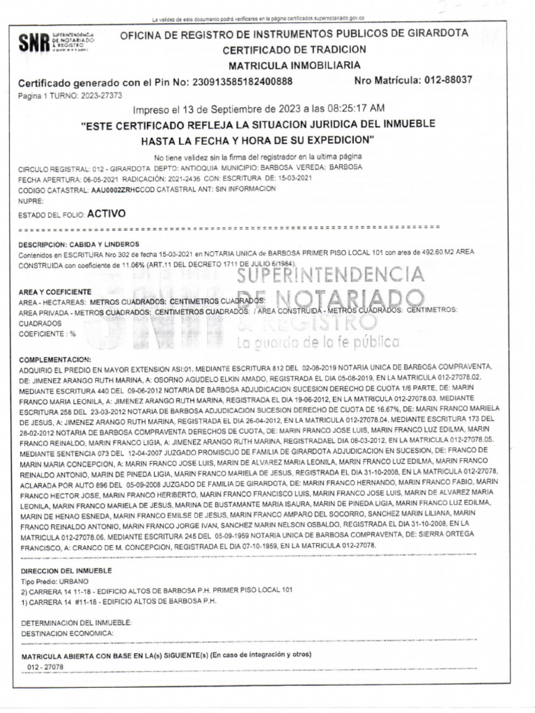 Certificado De Tradición Y Libertad Matrícula 012 88037 Pdf