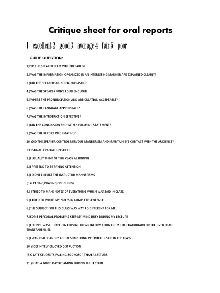Oral Report Critique Sheet Guide | PDF