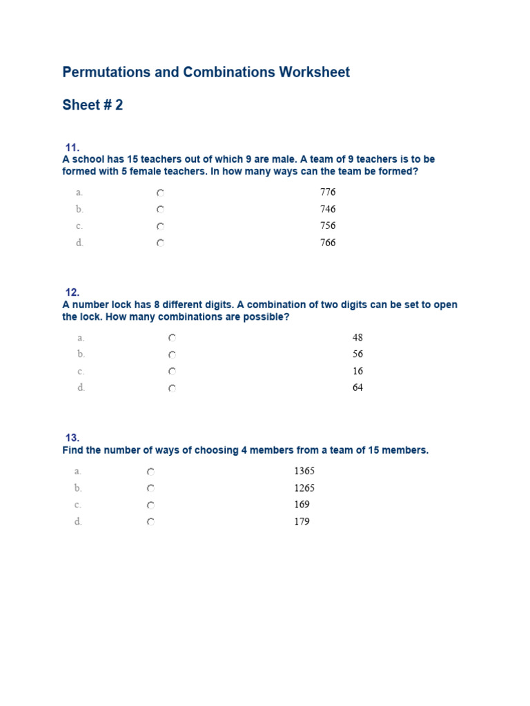 Permutations And Combinations Worksheets