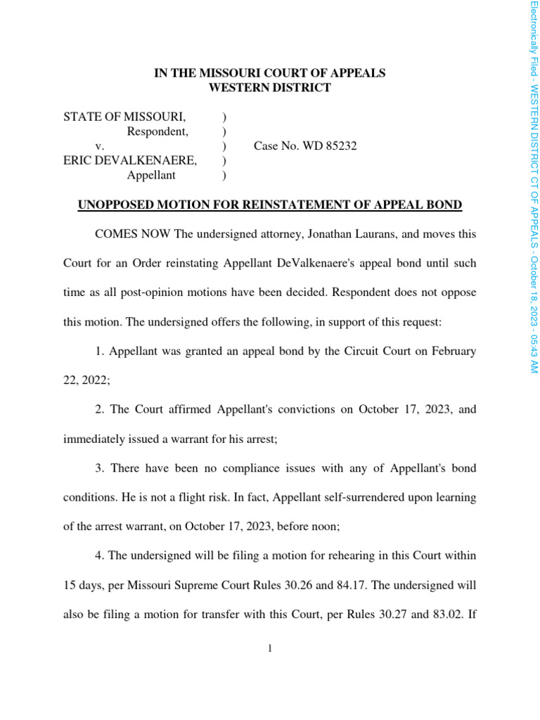 DeValkenaere Motion To Reinstate Bond | PDF