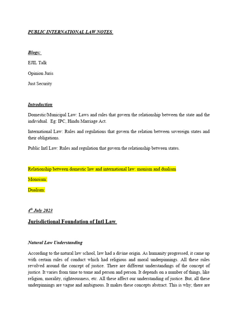 Public International Law Notes Pdf Treaty International Law