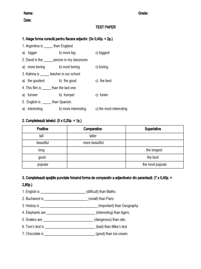 Test Paper 6th Grade Adjectives Degrees of Comparison | PDF ...