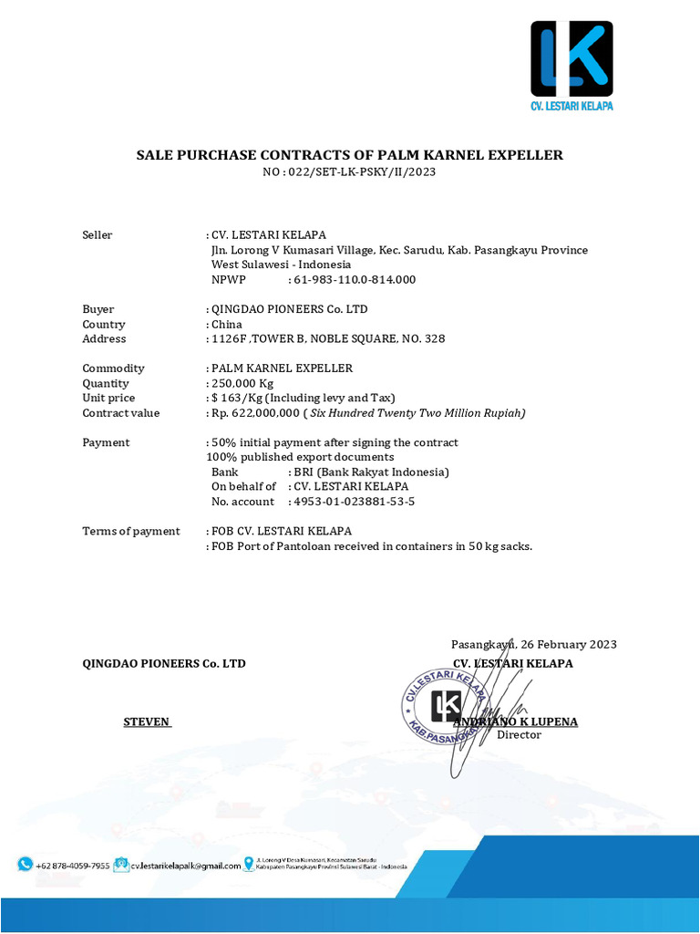 Sale Purchase Contracts of Palm Karnel Expeller - 1 | PDF