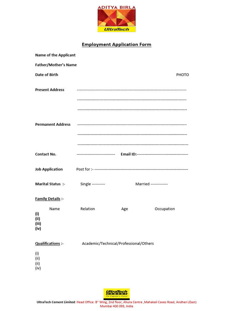 UltraTech Cement Application Form 2022-2023 | PDF