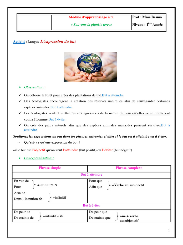 L'expression Du But: Prof: Mme Besma Niveau: 1 Année | PDF