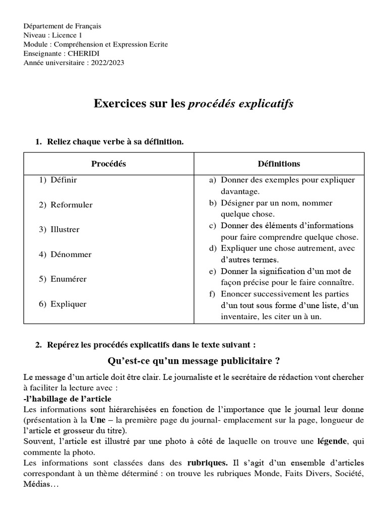Exercices sur les Procédés Explicatifs | PDF | Greffe d'organe | Don d ...