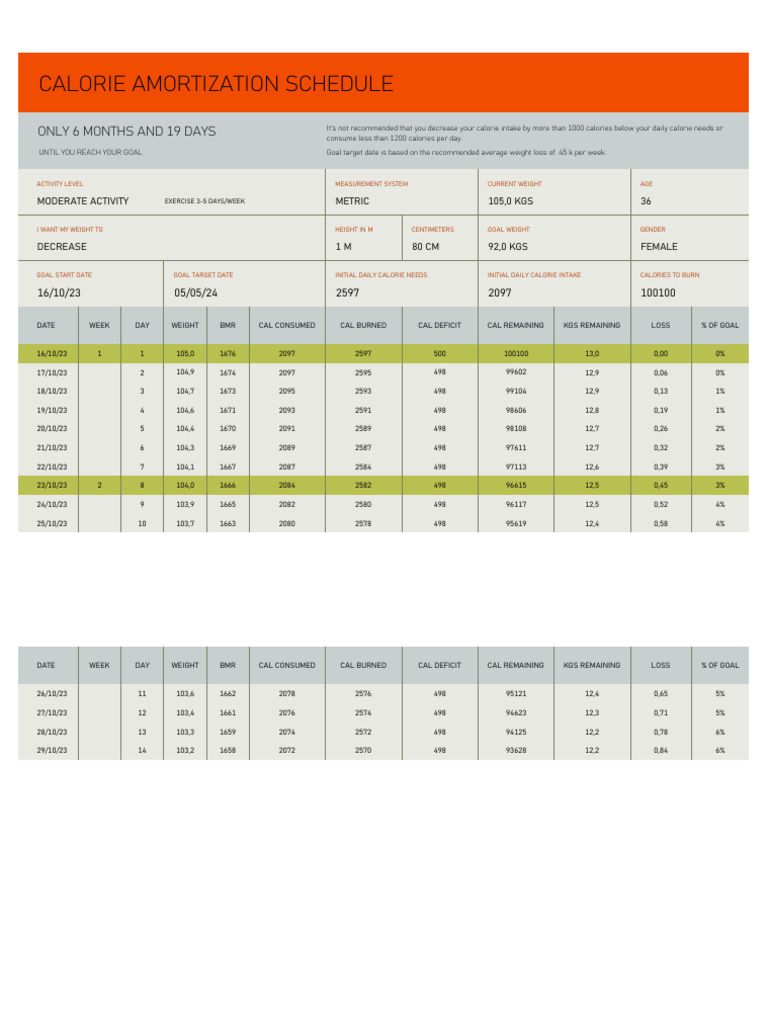 Calorie Amortization Schedule - Aris | PDF