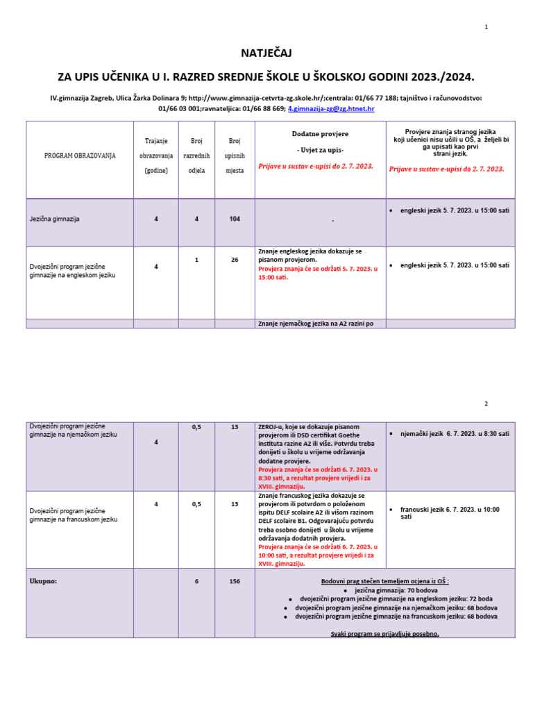 3 - Za Web IV. Gimnazije-Natječaj Za Upis U 1. Razred Šk. God 2023.2024 | PDF