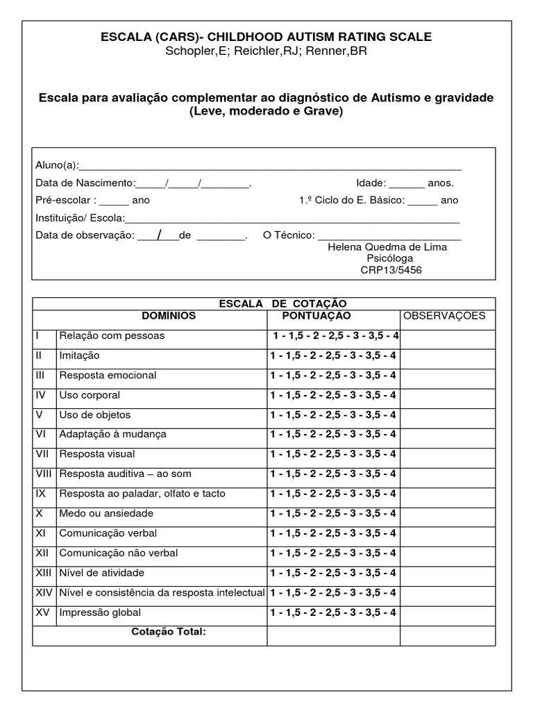 Escala (Cars) - Childhood Autism Rating Scale | PDF | Espectro do ...