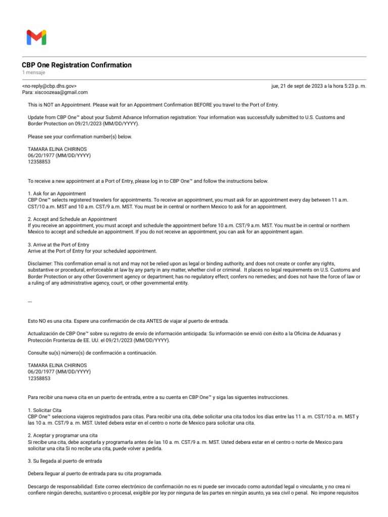 Gmail - CBP One Registration Confirmation | PDF