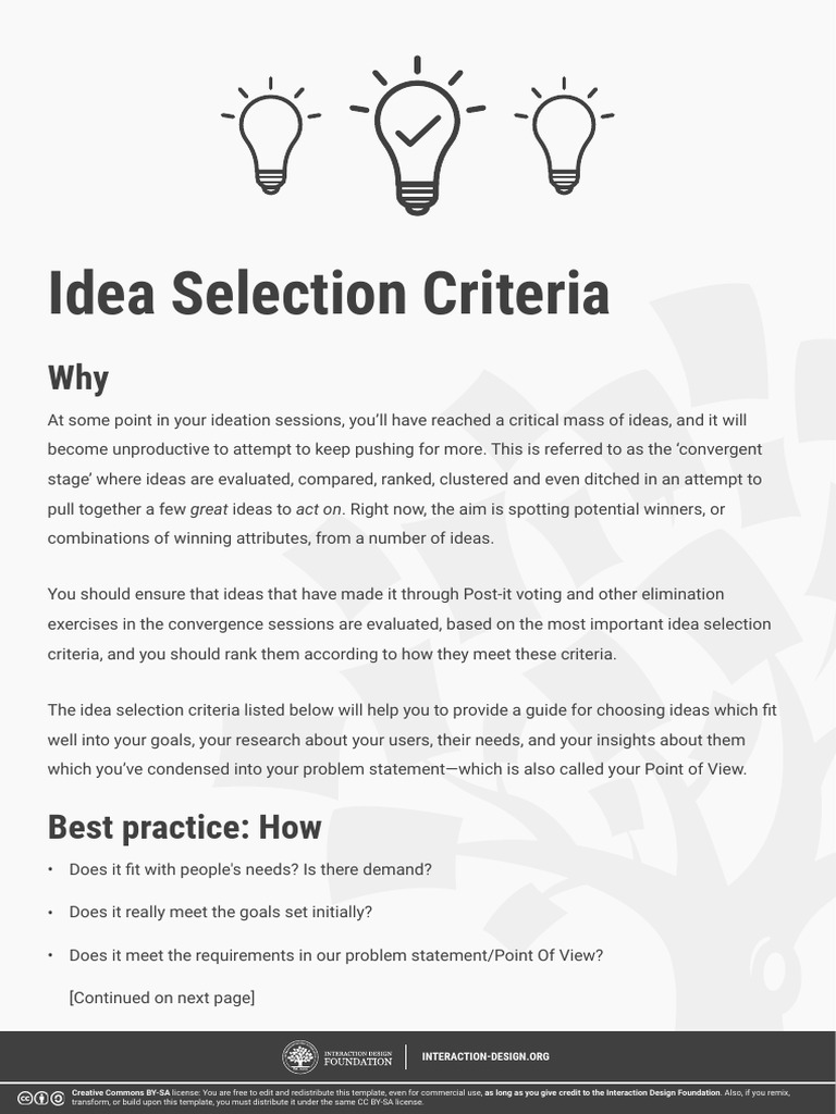 Idea Selection Criteria | PDF | Design Thinking | Human Communication