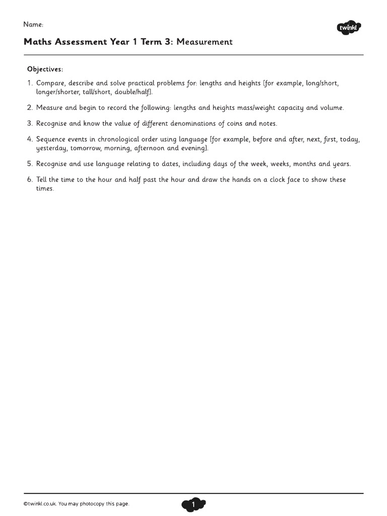 T N 4334 Year 1 Maths Assessment Measures Term 3 Merged | PDF | Length ...