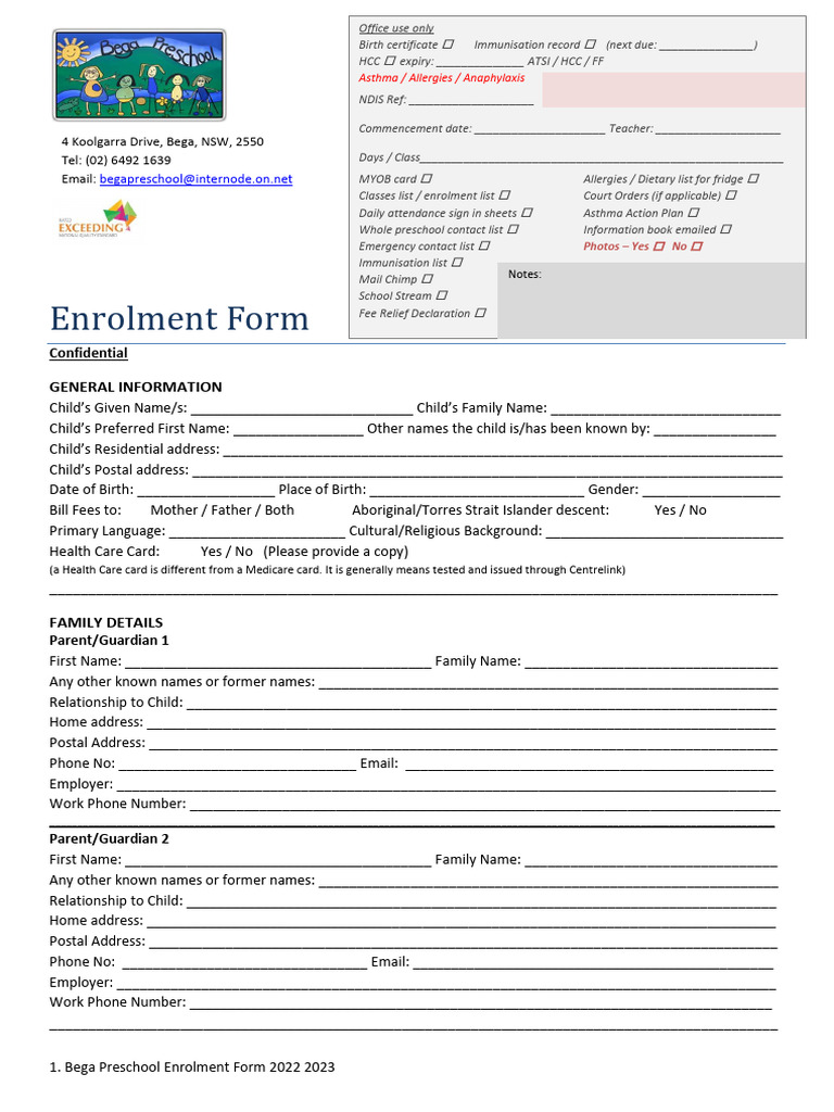 Bega Preschool Enrolment Form 2022-2023 | PDF | Parent | Child Custody