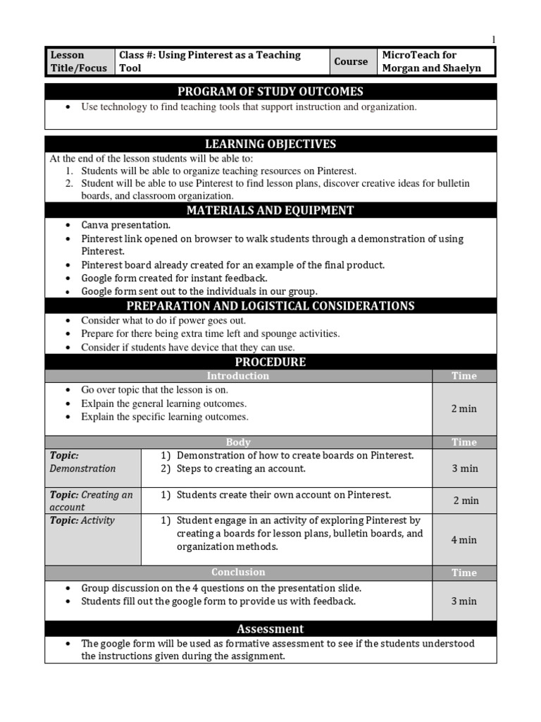 Lesson Plan For Microteach - Morgan and Shaelyn | PDF | Lesson Plan ...
