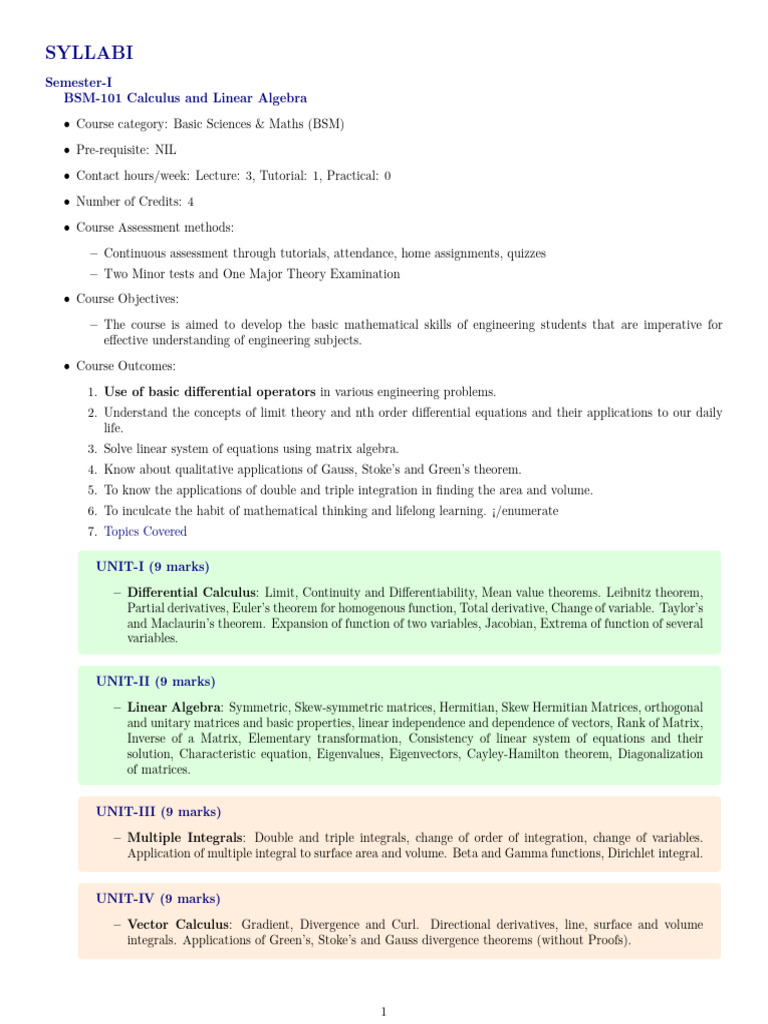 BSM-101 Calculus and Linear Algebra | PDF