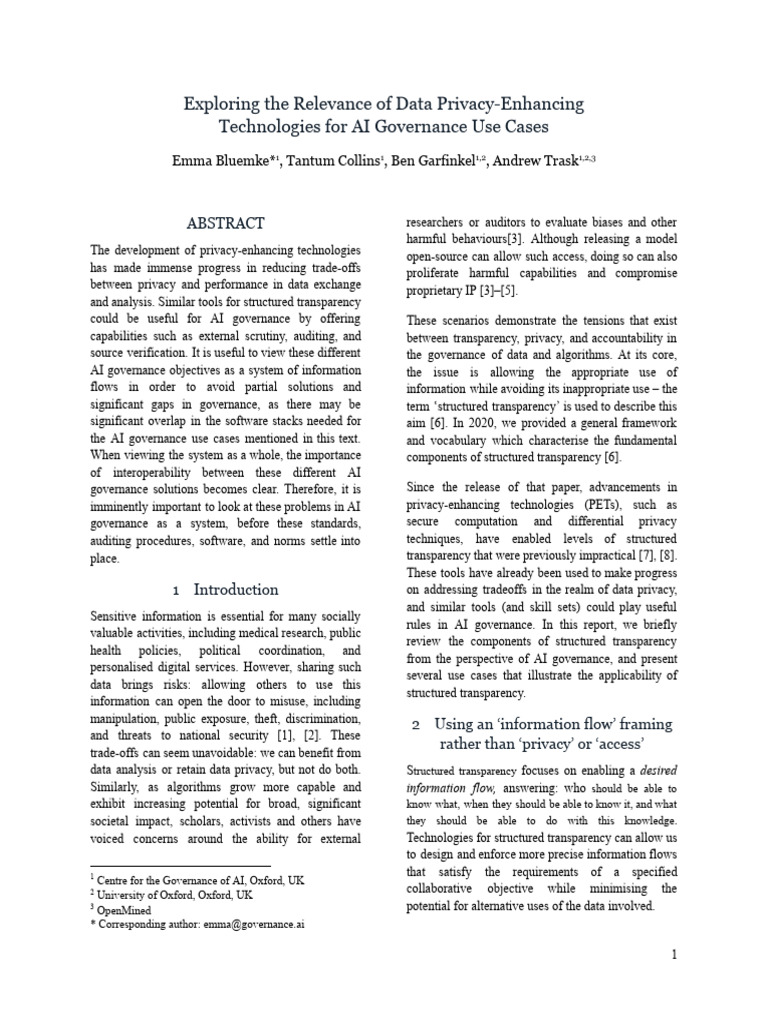 Exploring The Relevance of Data Privacy-Enhancing Technologies For AI Governance Use Cases | PDF ...