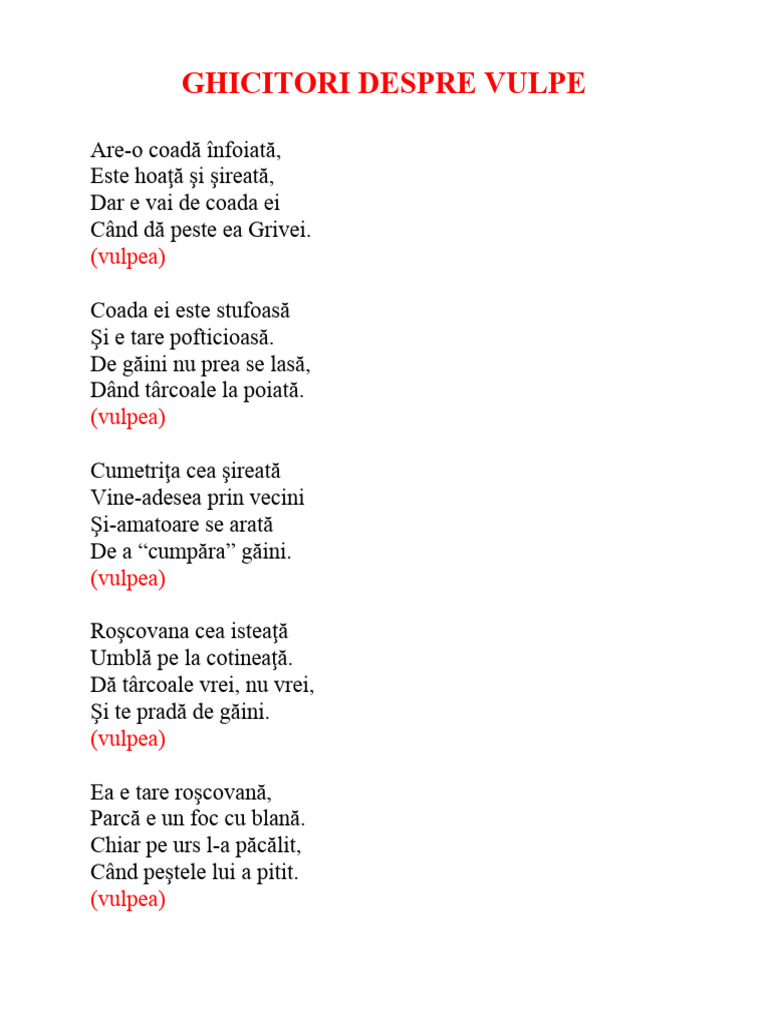 Ghicitori Despre Vulpe | PDF