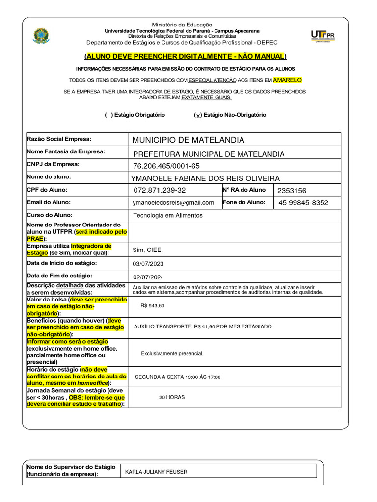 Declaração De Responsável Legal Estágio Utfpr Download Grátis Pdf