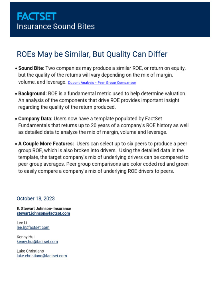 FactSet Insurance Sound Bites - Dupont Analysis Peer Group Comparison | PDF