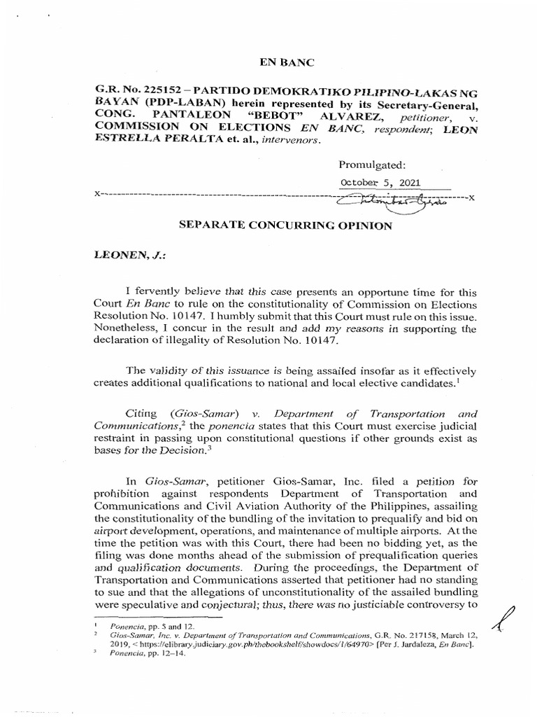 PDP-LABAN v. Commission On Elections, G.R. No. 225152 (2021) (J. Leonen, Separate Concurring ...