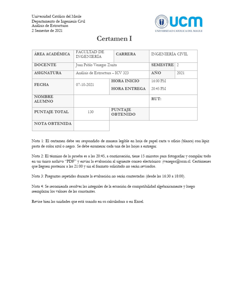Certamen 1 - Analisis de Estructuras ICV 323 | PDF Certamen 1 - Analisis de Estructuras ICV 323 | PDF