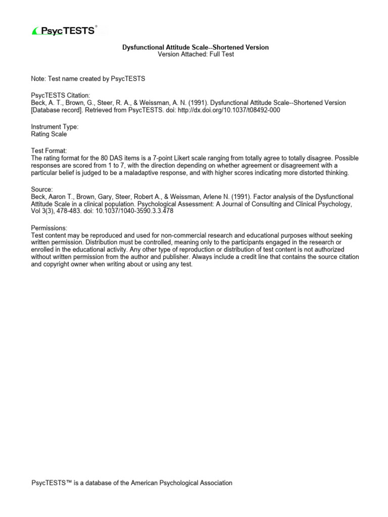 Dysfunctional Attitude Scale Short DAS Short | PDF | Behavioural Sciences | Psychological Concepts