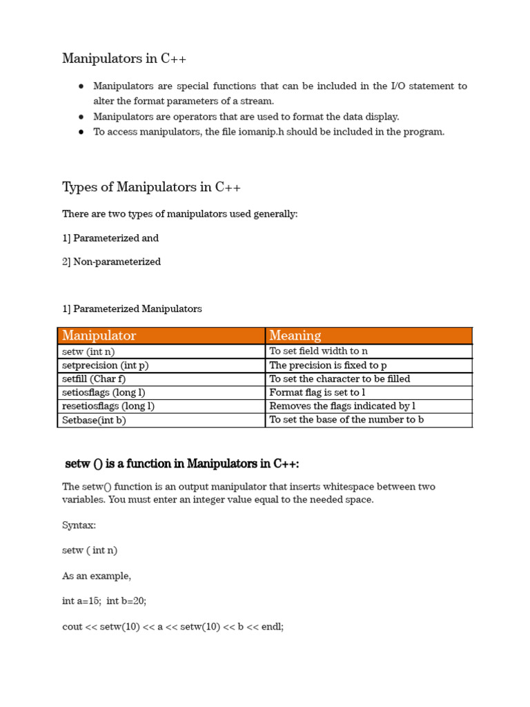 Manipulators in C++ | PDF