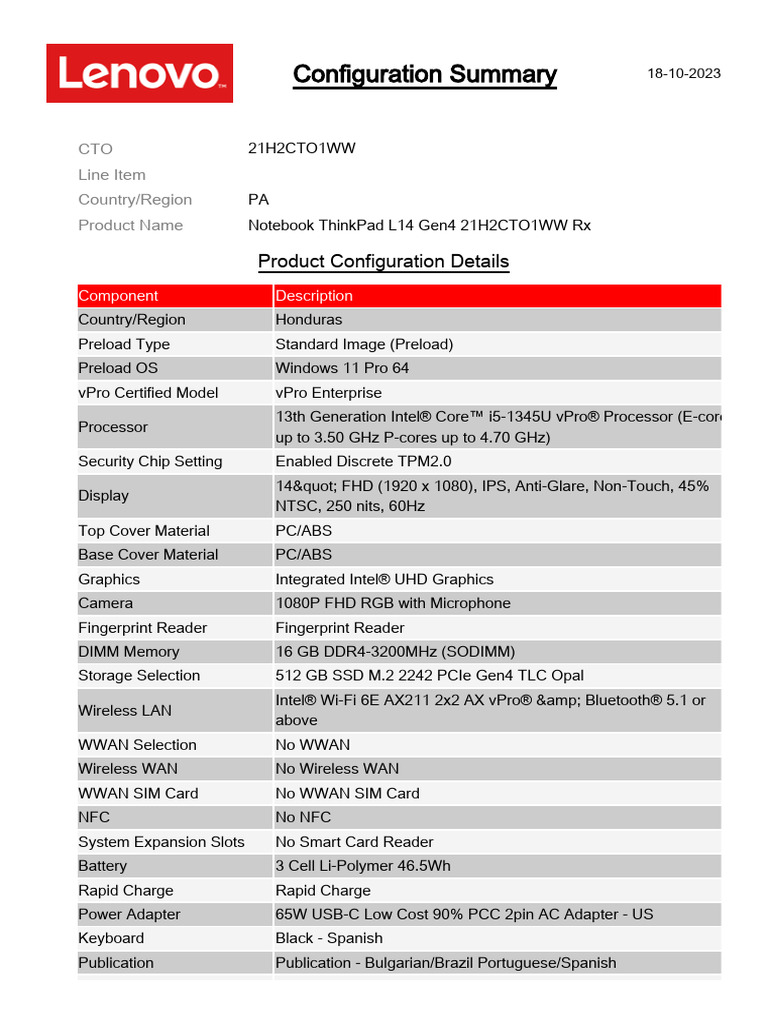 17102023-Notebook ThinkPad L14 Gen4 21H2CTO1WW RX | PDF | Computing | Computer Hardware