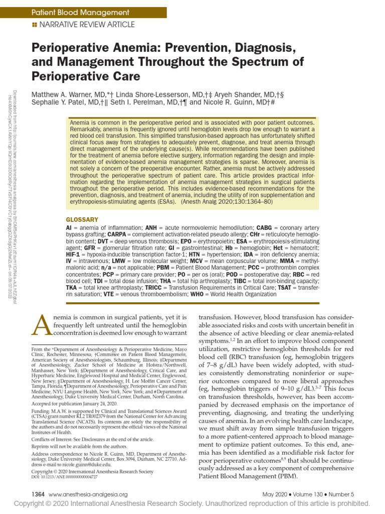 Perioperative Anemia Prevention, Diagnosis, And.32 | PDF | Anemia ...