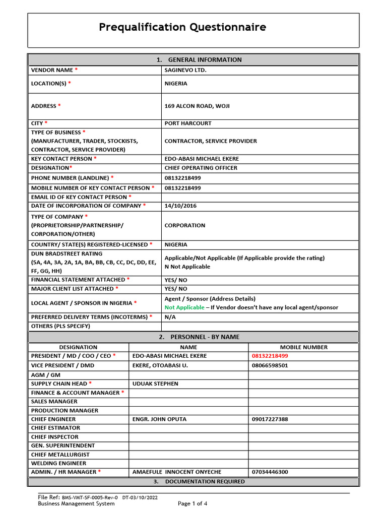 Pre Qualification Questionnaire | PDF | Drill | Crane (Machine)