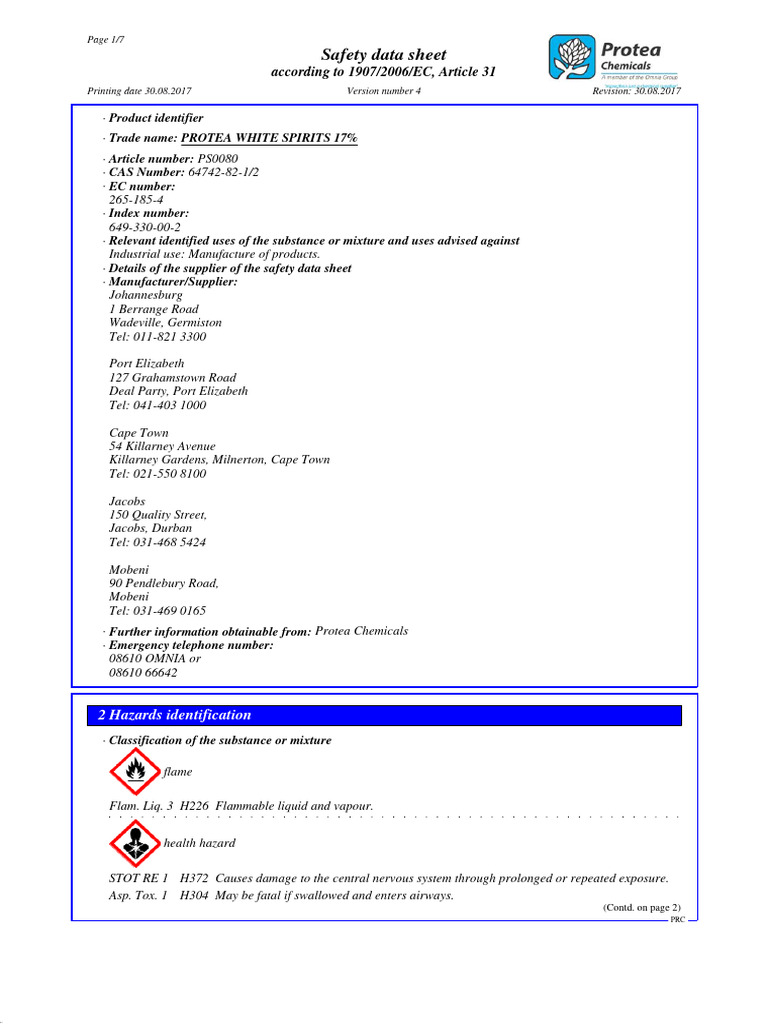 Protea-White - Spirits - 17 Percent-2017 | PDF | Dangerous Goods | Personal Protective Equipment