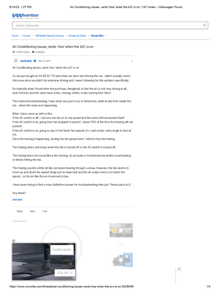 Air Conditioning Issues, Vents 'Hiss' When The A - C Is On - VW Vortex ...