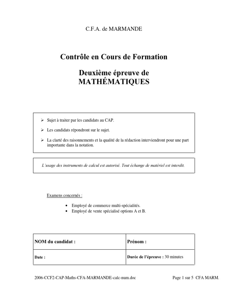 2006 CCF2 CAP Maths CFA MARMANDE Calc Num | PDF | Économie