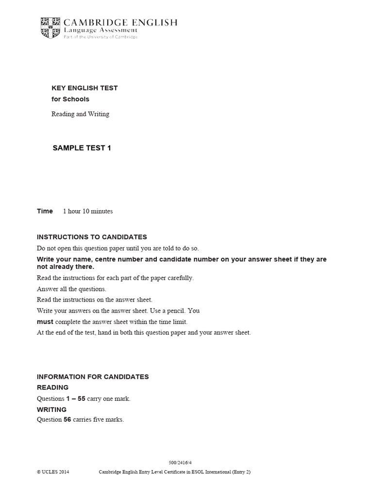 KET Cambridge English Key For Schools Sample Paper | PDF